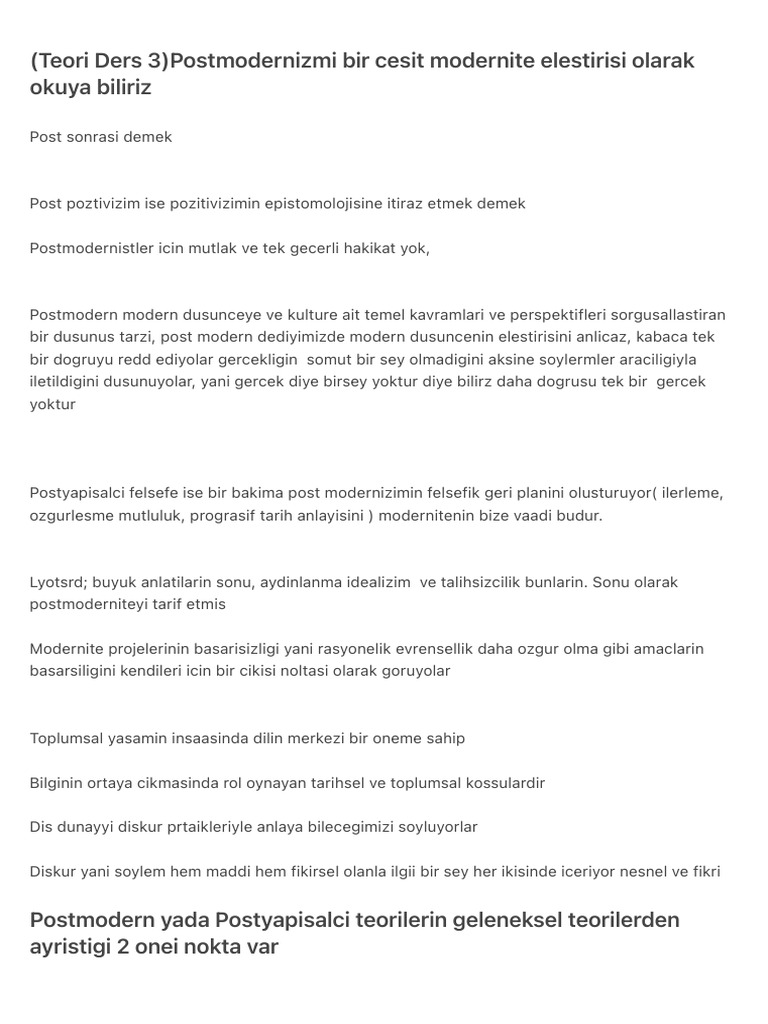 (Teori Ders 3) Postmodernizmi Bir Cesit Modernite Elestirisi Olarak | PDF