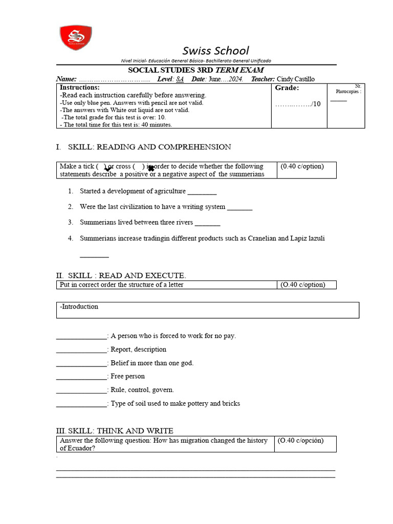 Social Studies Exam for 8A Students | PDF