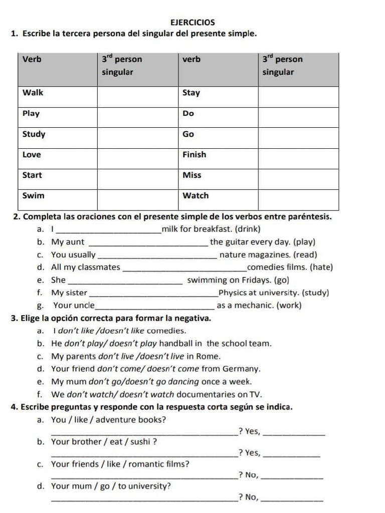 ejercicios inglés presente simple | PDF