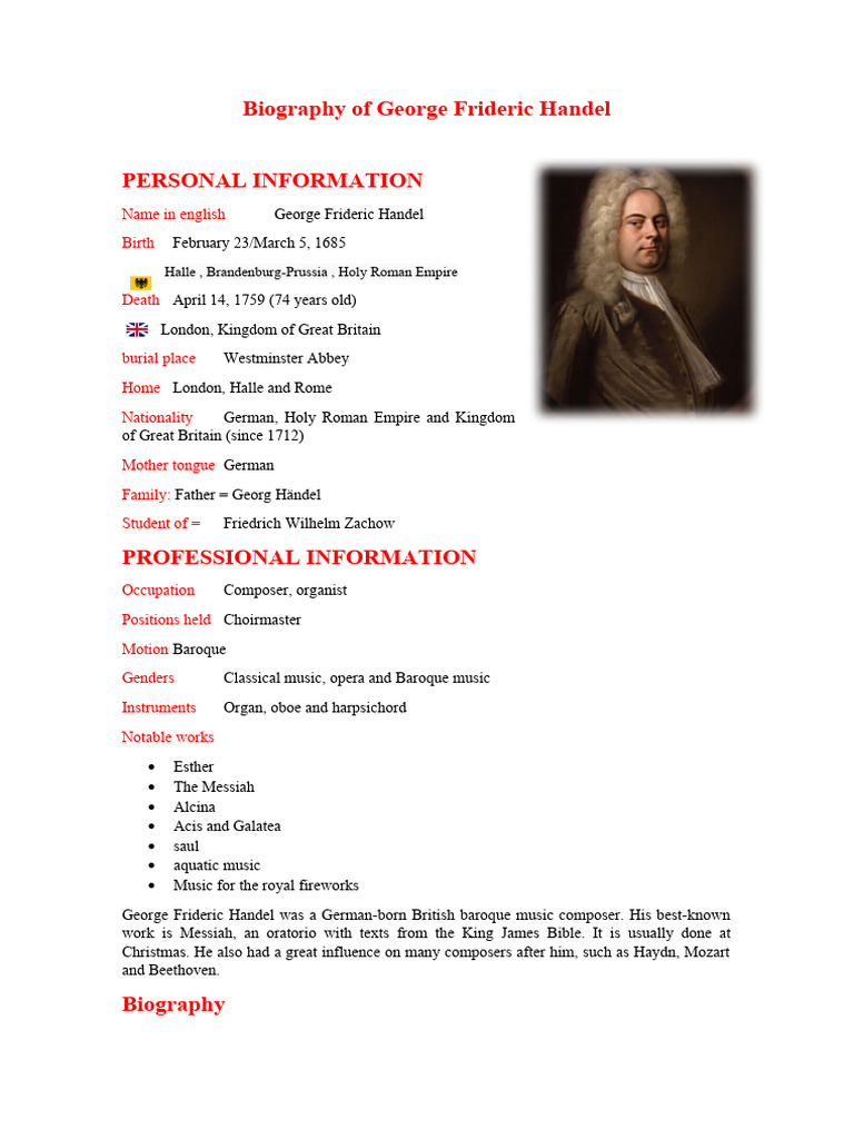 Biography of George Frideric Handel | Download Free PDF | George ...