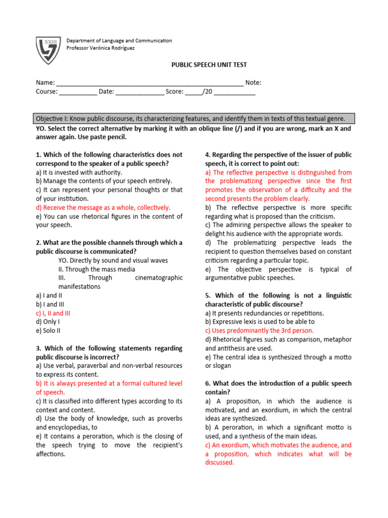 Public Speaking Unit Test Overview | PDF | Public Speaking | Genre