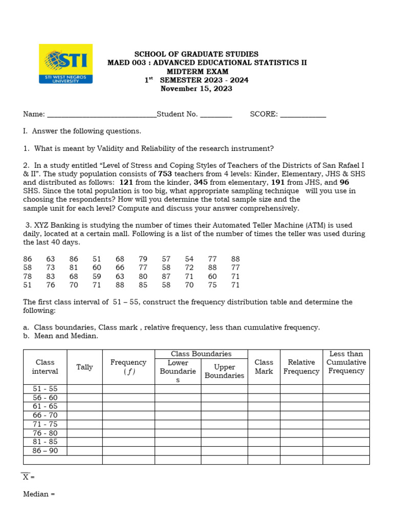 MAED 003 - ADVANCED STATISTICS - MIDTERM Examination | PDF | Sampling ...