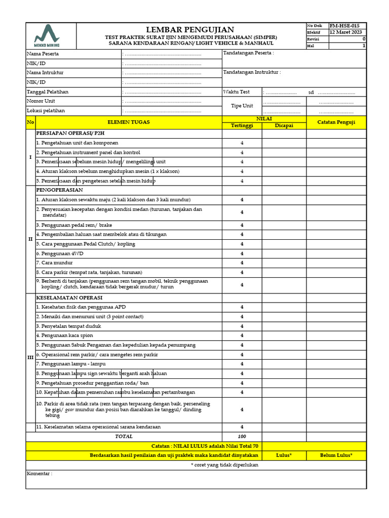 Formulir Uji Praktek SIMPER LV & Manhaul PT MMM | PDF
