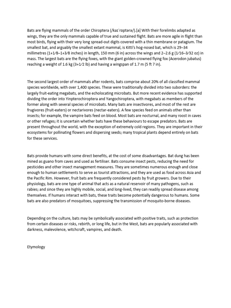 Bats Are Flying Mammals of The Order Chiroptera | PDF | Bat | Zoology