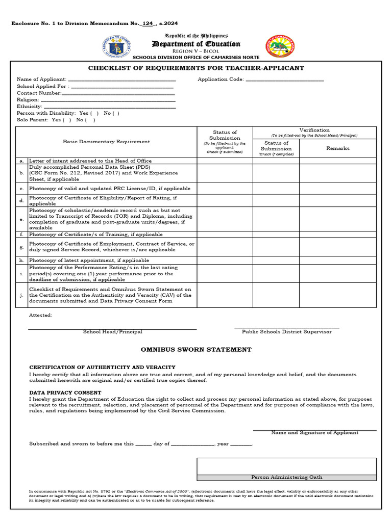 Checklist of Requirements Omnibus For Teacher Applicants ENCLOSURE A 2 ...
