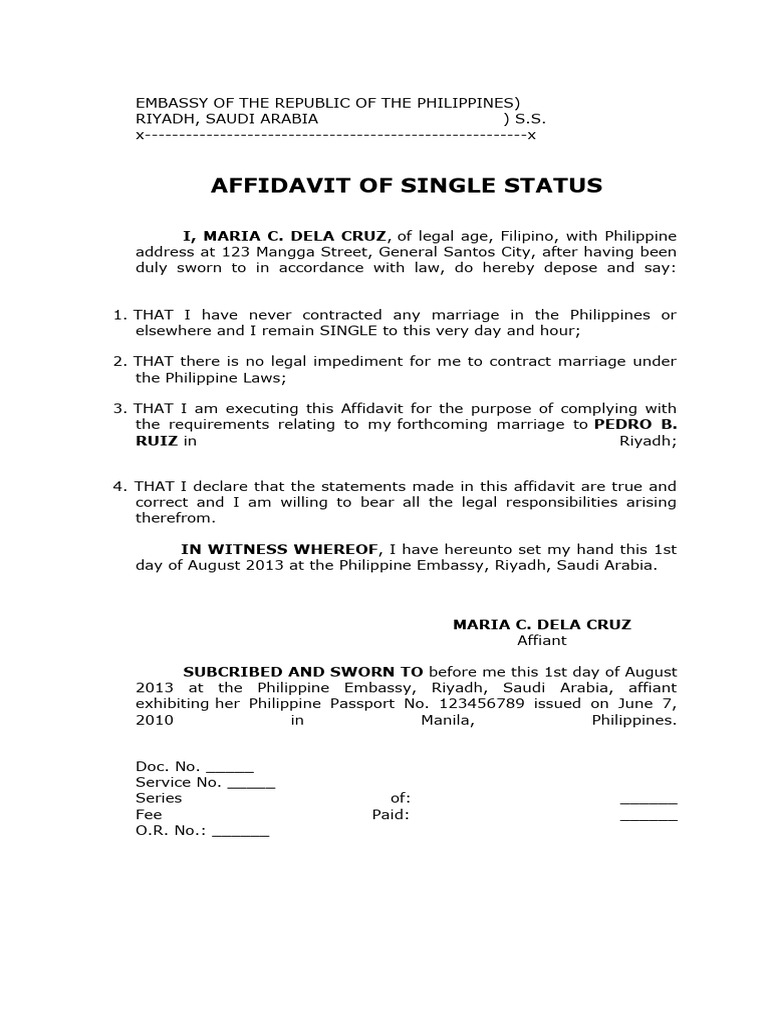 Affidavit of Single Status - Philippines | PDF