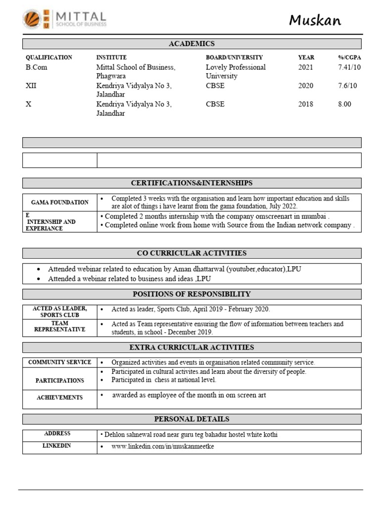 Academics: Qualification Institute Board/University Year %/CGPA | PDF