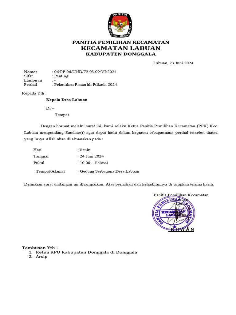 Undangan Pelantikan Pantarlih Pilkada 2024 | PDF