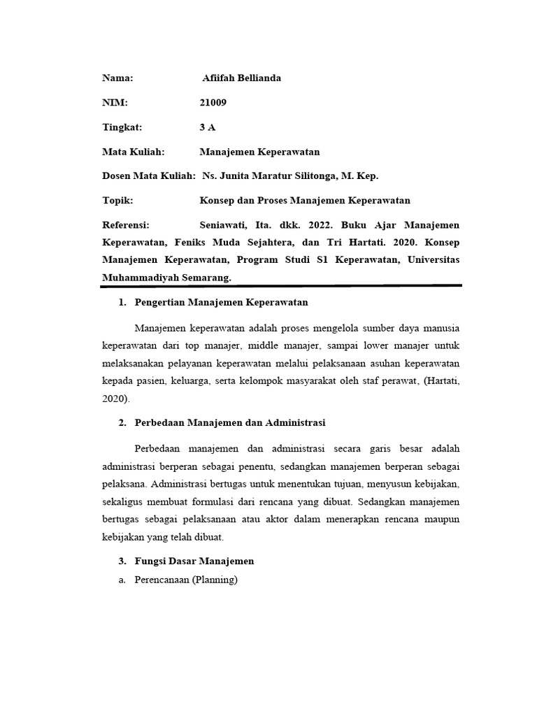 Afiifah Bellianda 3A Konsep Dan Proses Manajemen Keperawatan | PDF