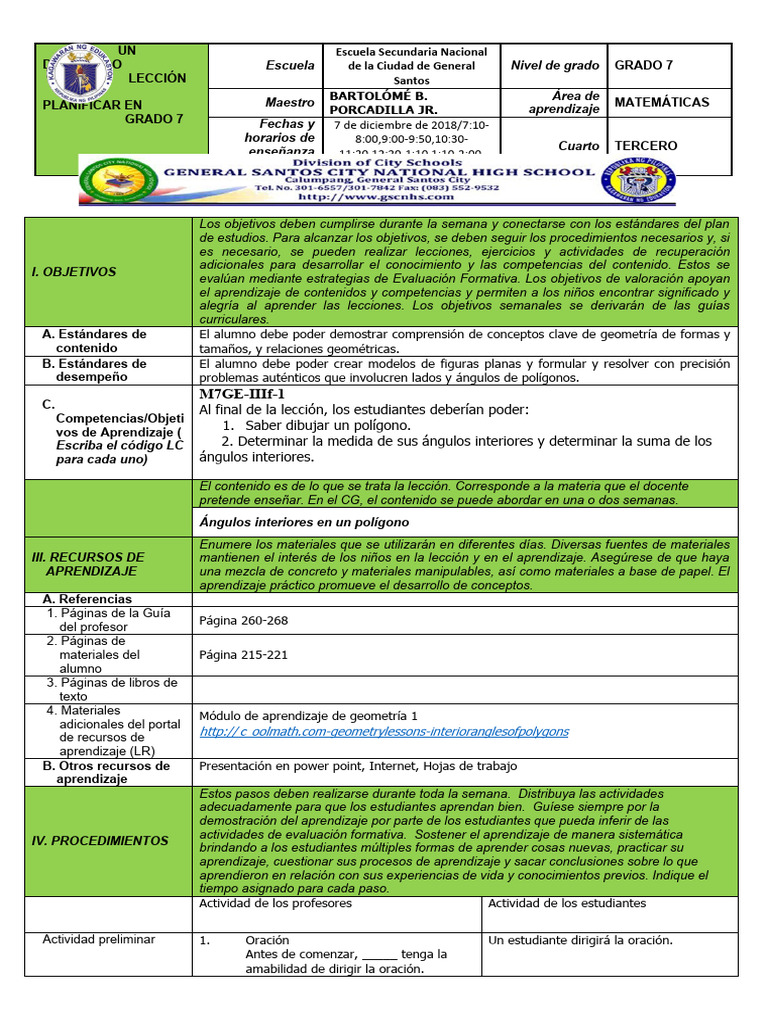 Día 5 Plan de Lección Ángulos Interiores | PDF | Ángulo | Triángulo
