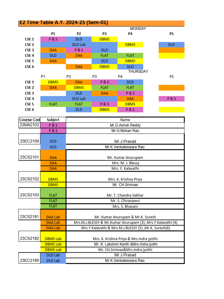 AY 2024-25 SEM-1 CSE Time Table | PDF