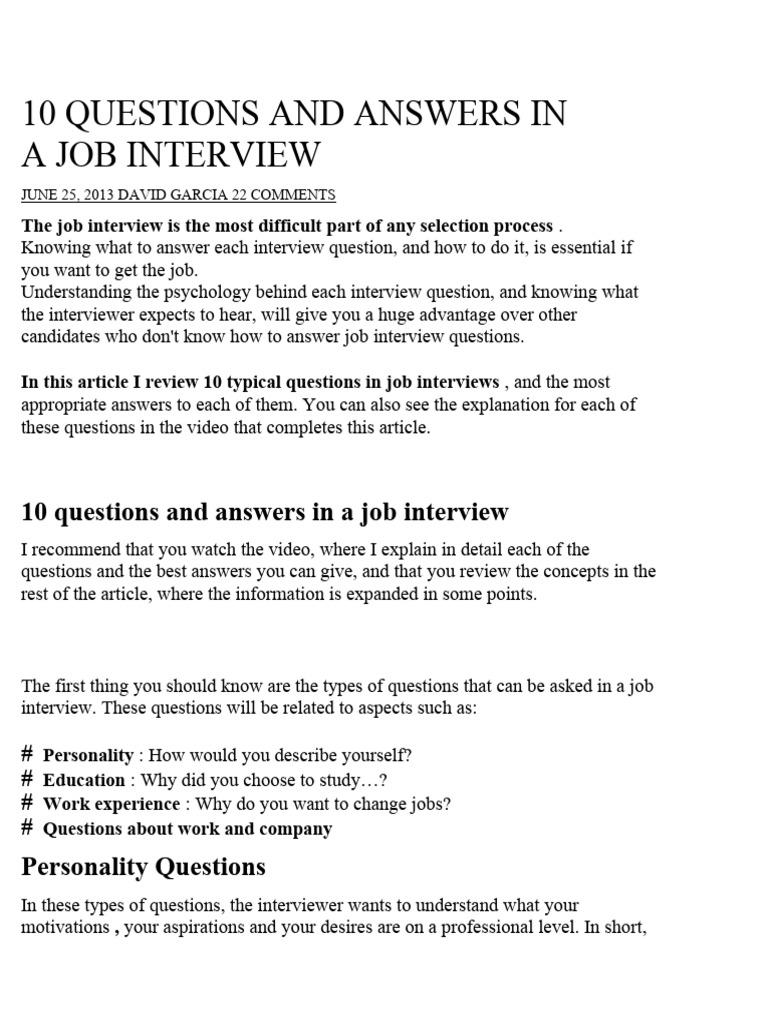 10 Questions and Answers in A Job Interview | PDF | Job Interview ...