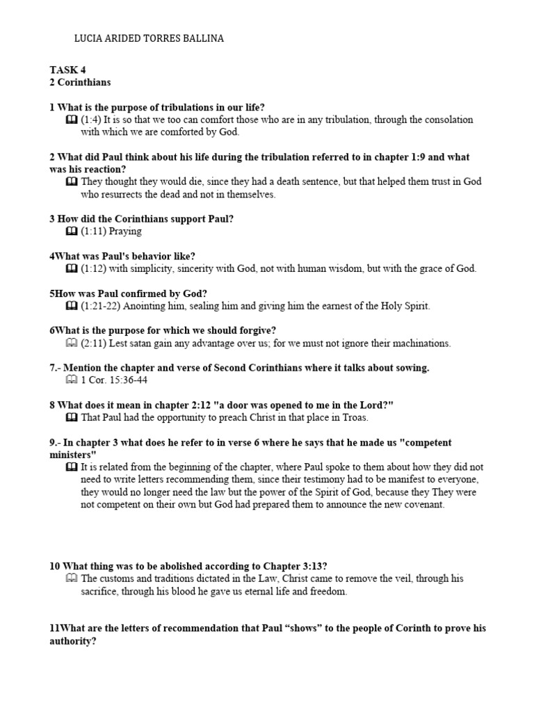 Questions and Answers From The Book of 2 Corinthians | PDF | Paul The ...