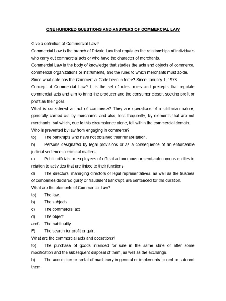 One Hundred Questions and Answers On Commercial Law | PDF | Bankruptcy ...