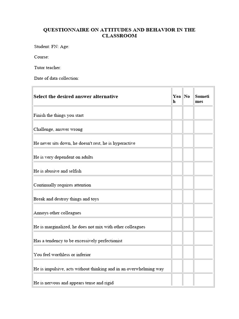 Classroom Attitudes and Behavior Questionnaire | PDF | Wellness