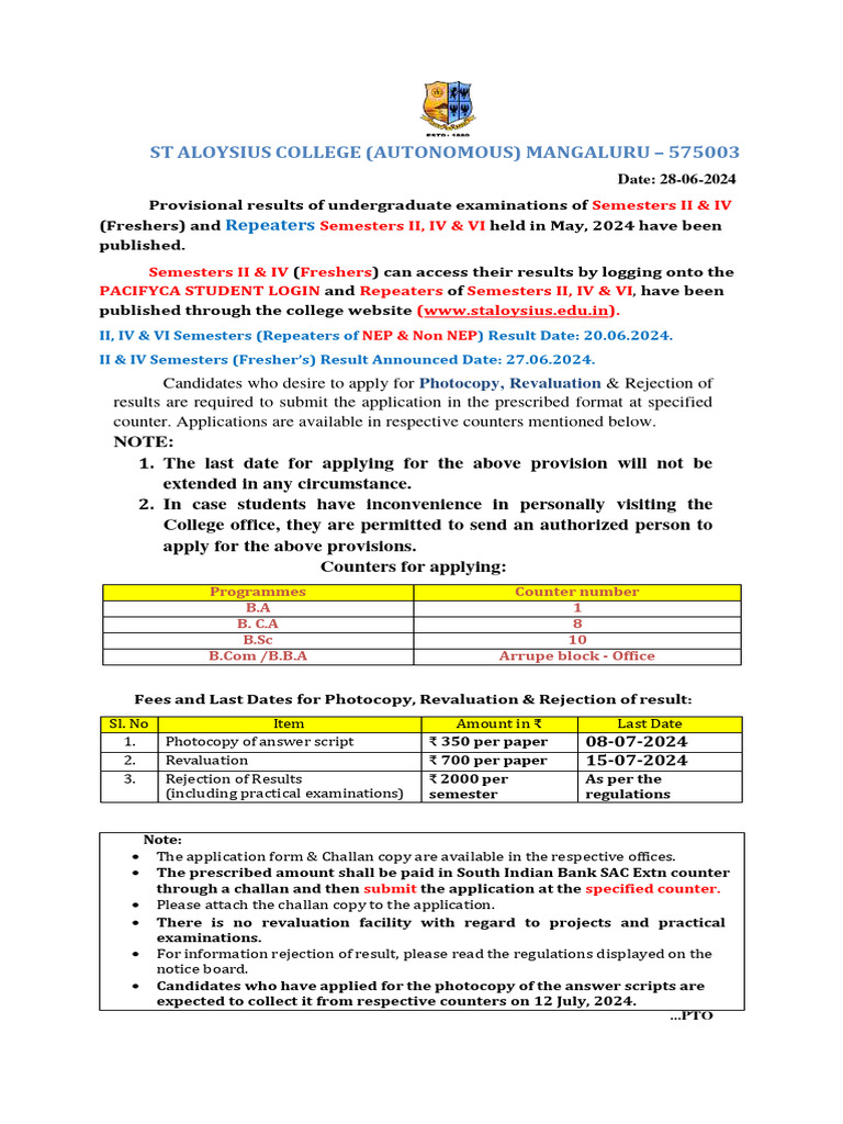 UG (Freshers) - II & IV Sem - Revaluation & Photo Copy - (May 2024 Examination) | PDF | Thesis