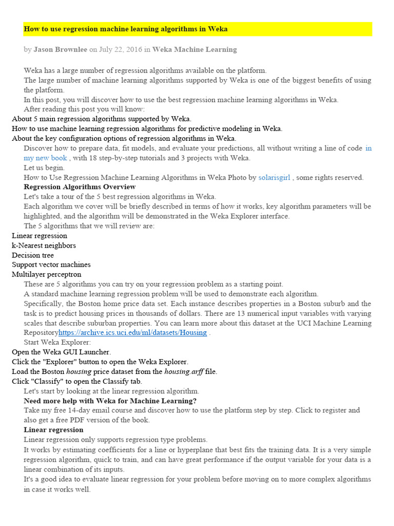 How To Use Regression Machine Learning Algorithms in Weka | PDF | Support Vector Machine ...