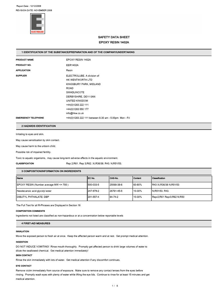 Epoxy Resin 1402a - Electrolube (A) | PDF | Toxicity | Dermatitis