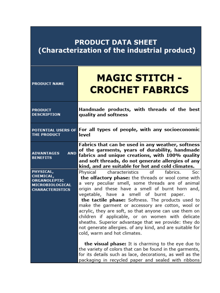 TECHNICAL SHEET Crochet Fabrics | PDF | Yarn | Textiles