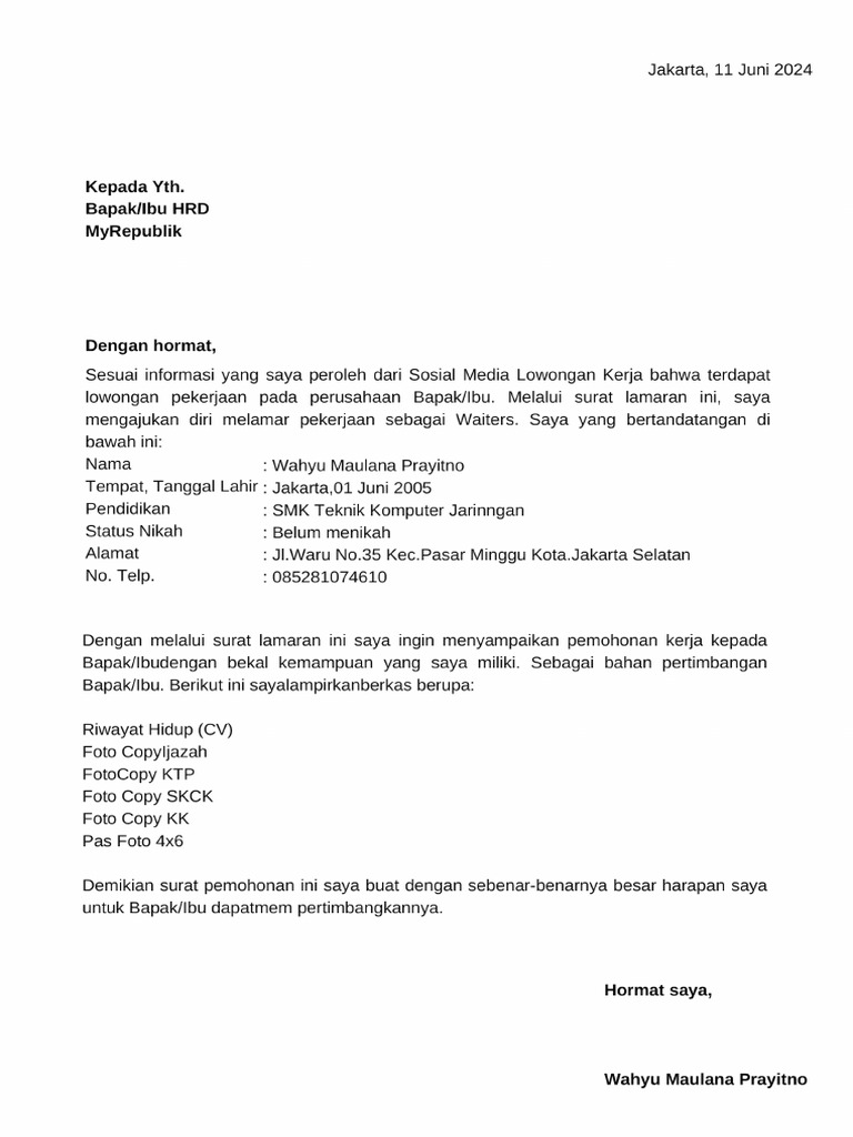 Surat Lamaran Wahyu Myrepublik | PDF
