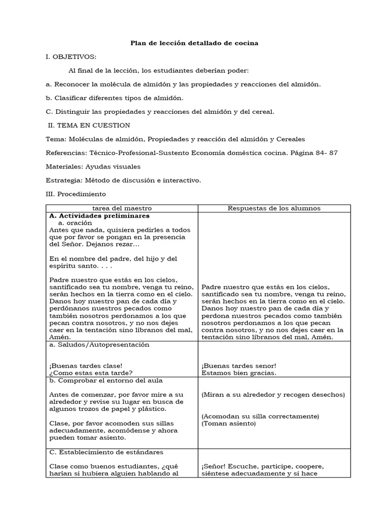 Plan de Lección Detallado de Cocina | PDF | Almidón | Cereales