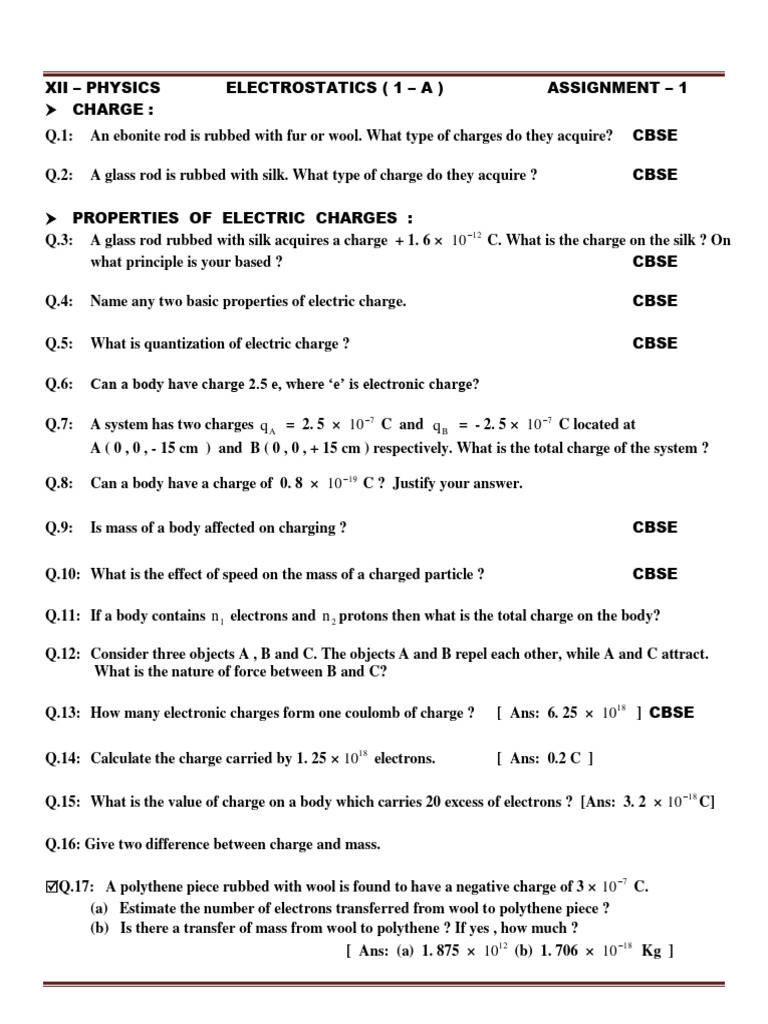 Class 12 Physics Chapter 1 Assignment | PDF | Electric Charge | Electron