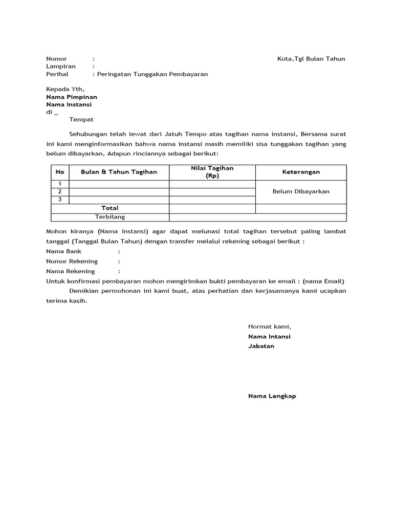 Format Surat Tagihan Tunggakan Pembayaran Atau Teguran Tagihan | PDF