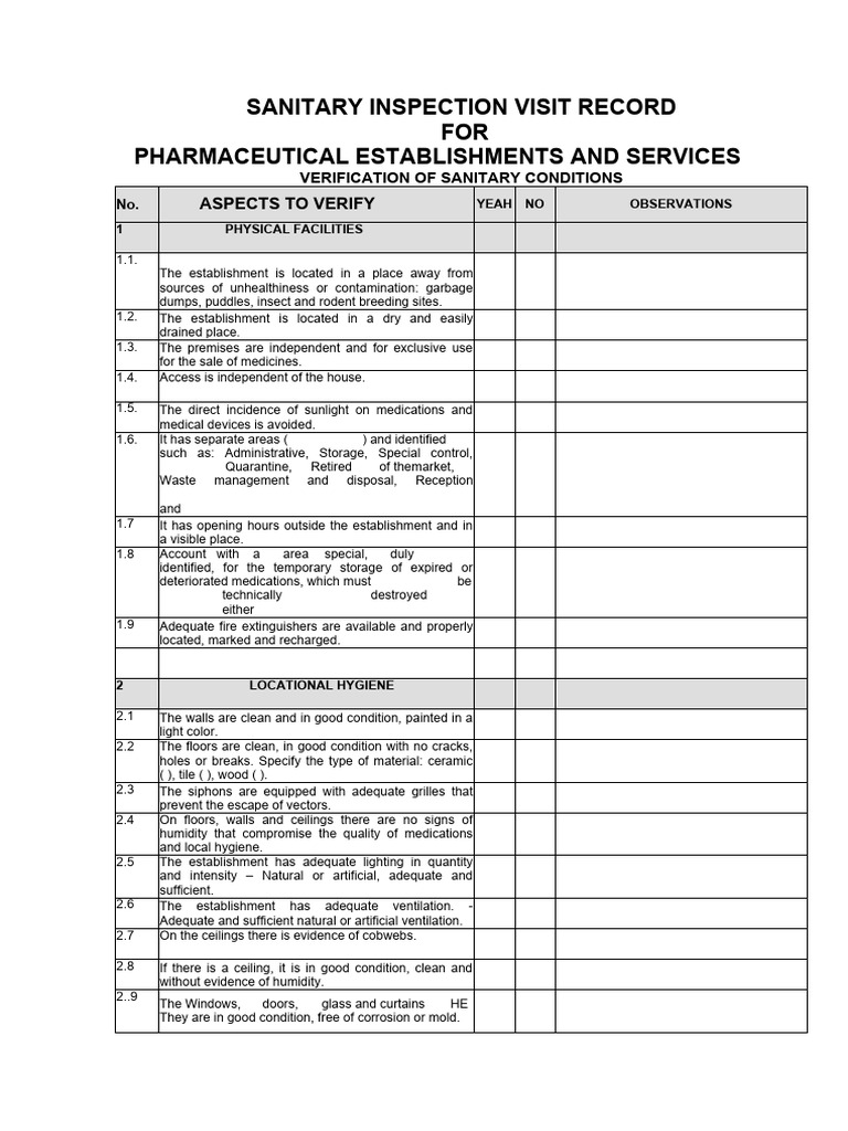 Record of Sanitary Inspection Visit To Superpharma Drugstores | PDF ...