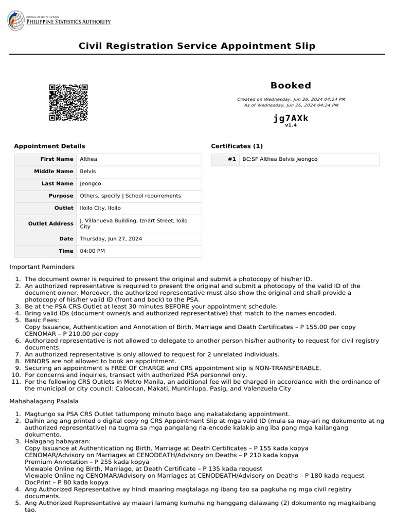 Civil Registration Service Appointment Slip | PDF