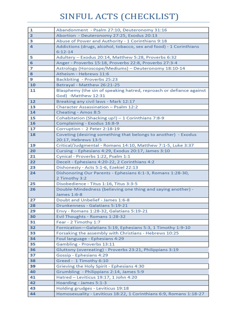 Comprehensive Sin Checklist | PDF | Seven Deadly Sins | Bible Content