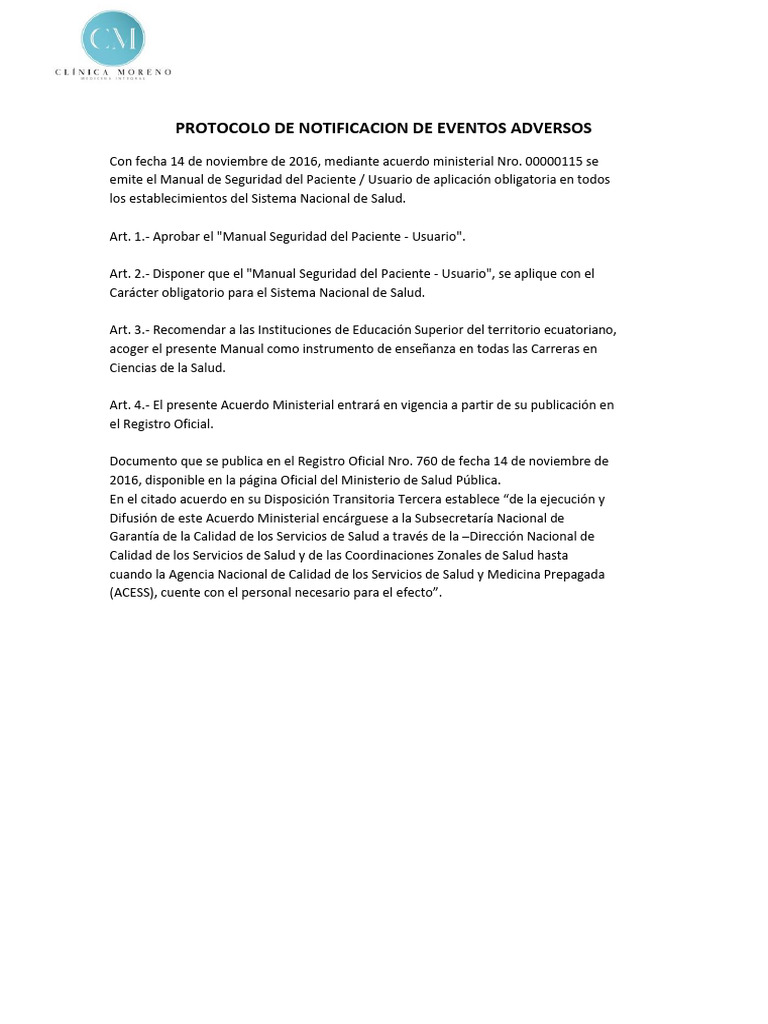 PROTOCOLO DE NOTIFICACION DE EVENTOS ADVERSOS Signed | PDF | Seguridad del paciente | Riesgo