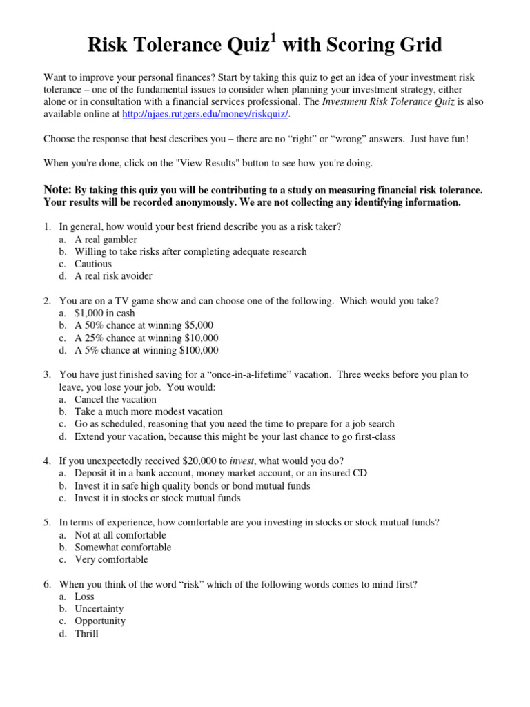 Investmet Risk Tolerance Quiz Scoring Grid Grable and Lytton | PDF ...