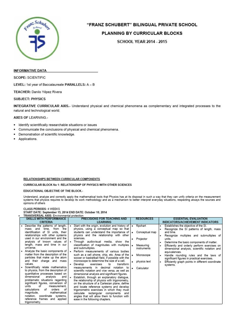 Block Planning 1st. Baccalaureate (PHYSICS) | PDF | Force | Physics