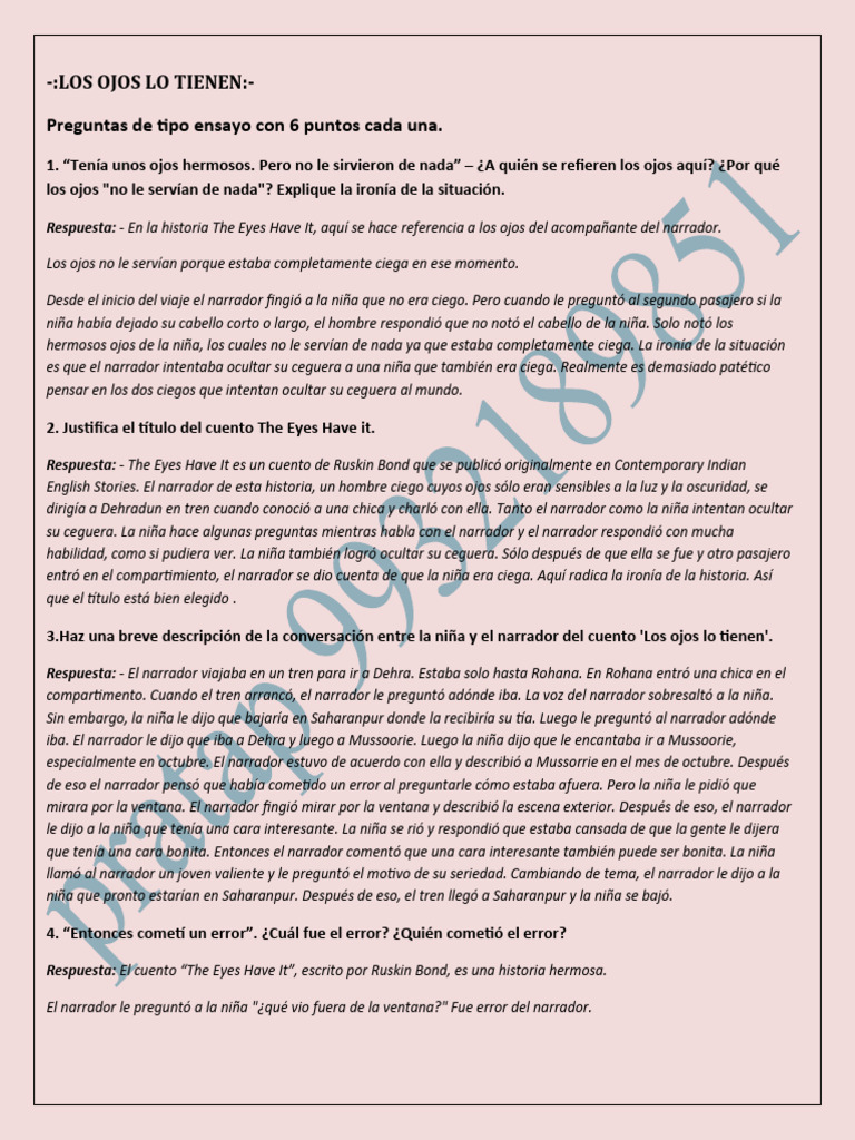 Los Ojos Lo Tienen: - Preguntas Tipo Ensayo Con 6 Puntos Cada Una | PDF
