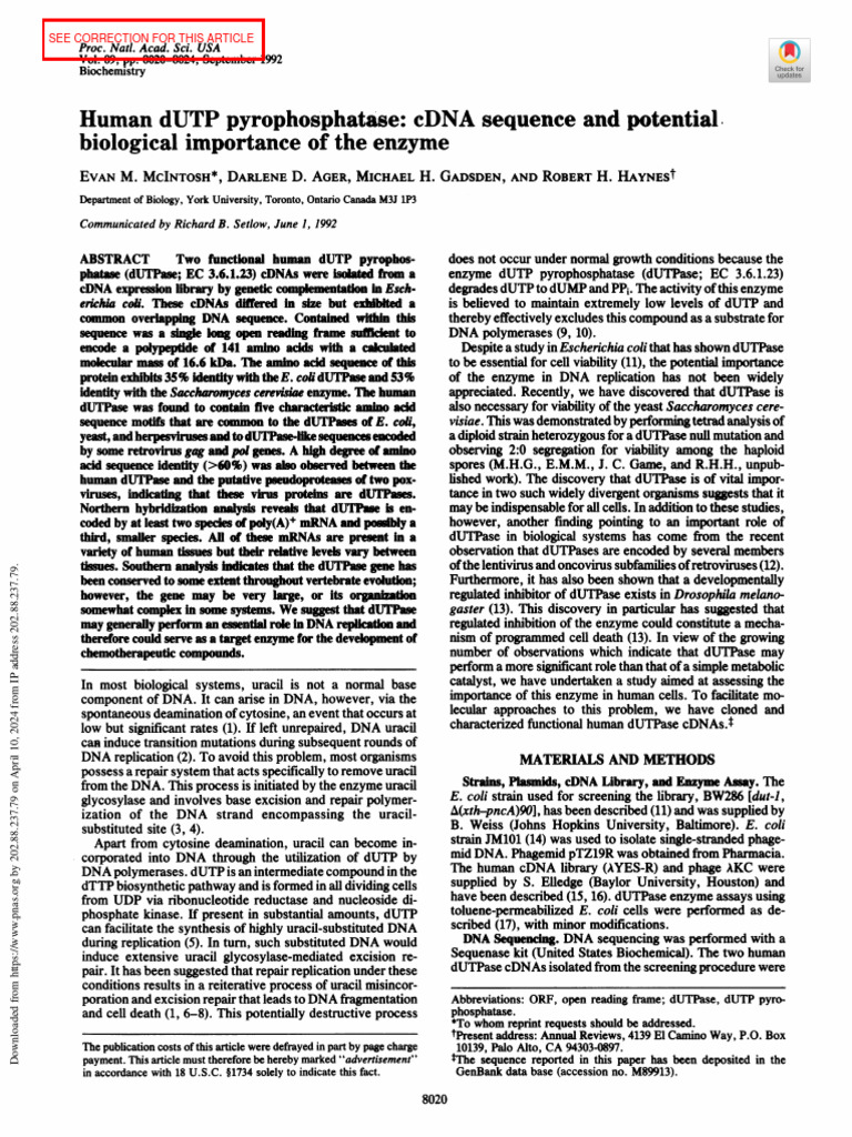 Mcintosh Et Al 1992 Human Dutp Pyrophosphatase Cdna Sequence and ...