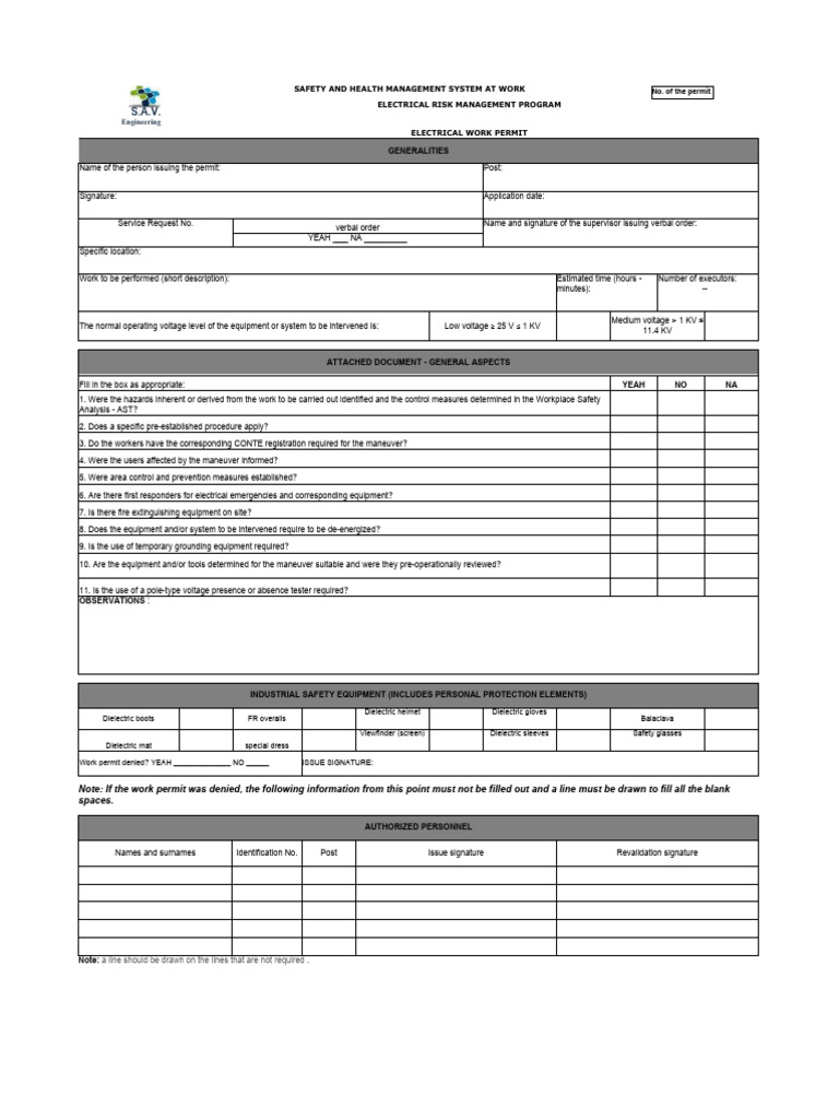 Electrical Work Permit Template | PDF | Occupational Safety And Health ...