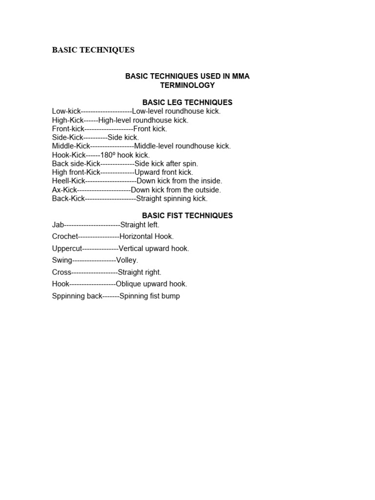 Basic Mma Techniques | PDF | Muay Thai | Mixed Martial Arts
