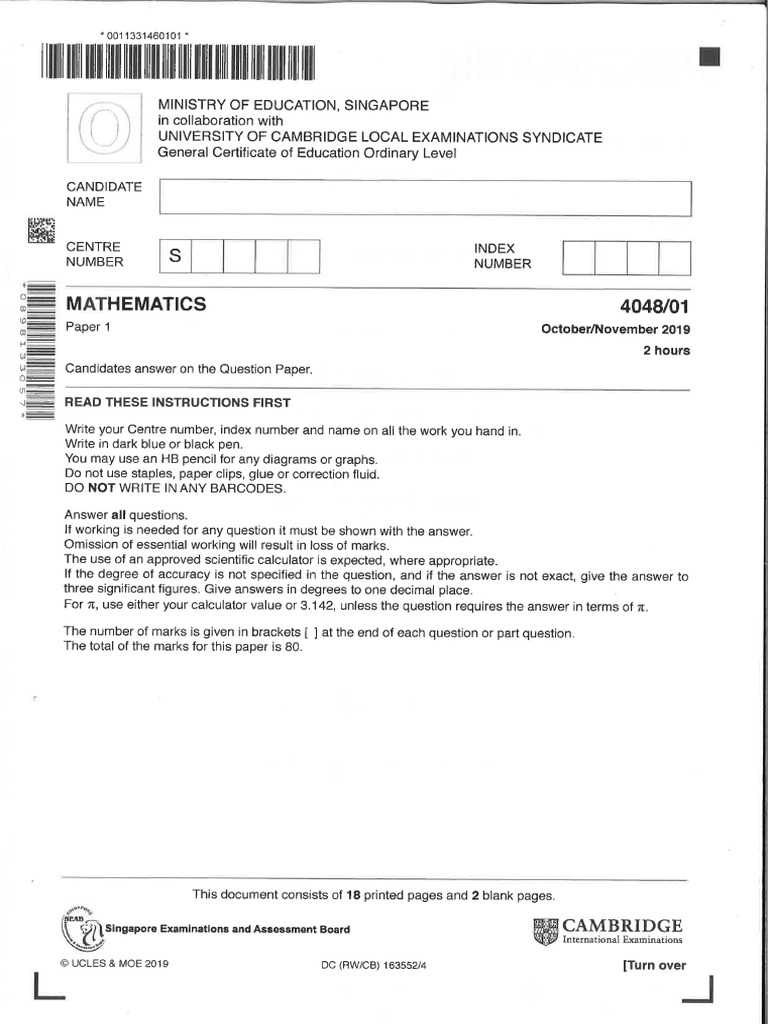 Gce o Level Math Paper 1 2019 Question Paper 1 | PDF