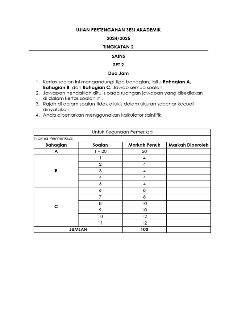 TP2702 - 2 Set Ujian Pertengahan Sesi Akademik Sains Tingkatan 2 Upsa 2024-20255 | PDF