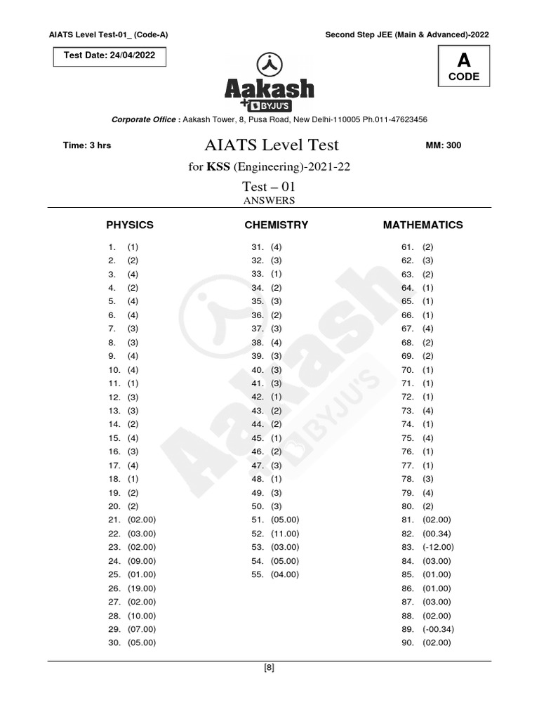 AIATS Level Test-01 - SS - For KSS (17-04-2022) Rajbagh | PDF ...