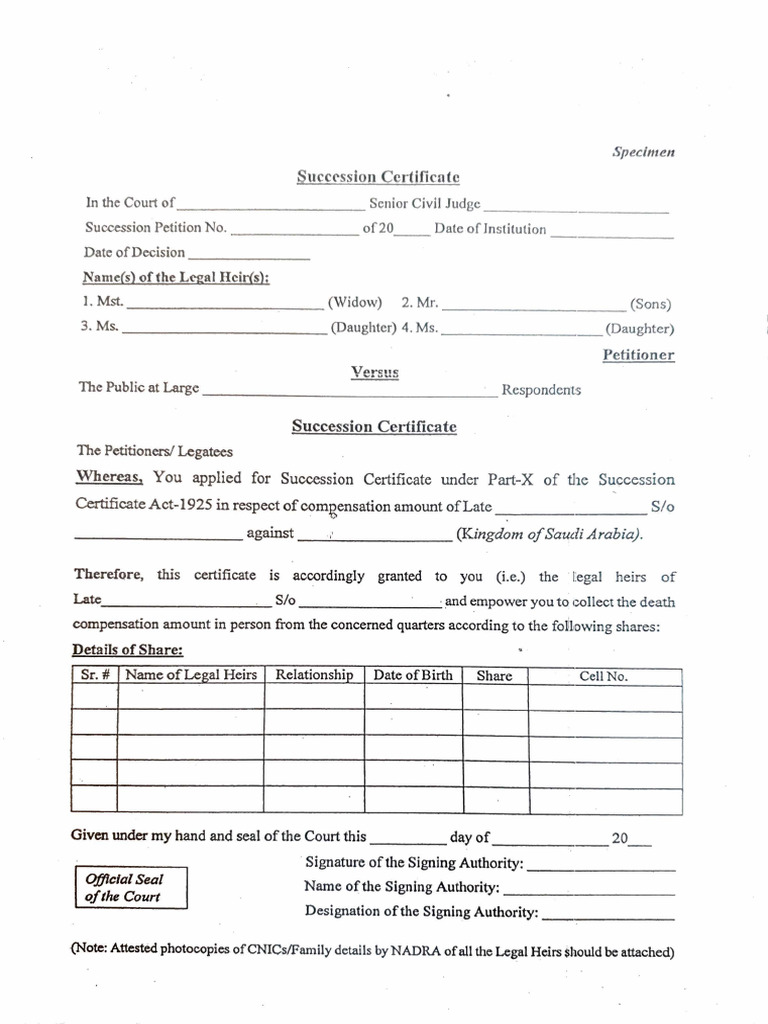 Sample of Succession Certificate | PDF