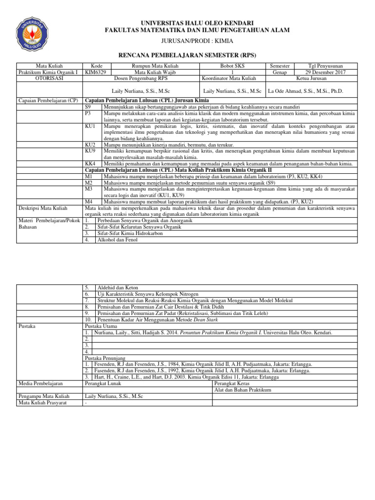 Contoh RPS Praktikum Kimia Organik 1 | PDF