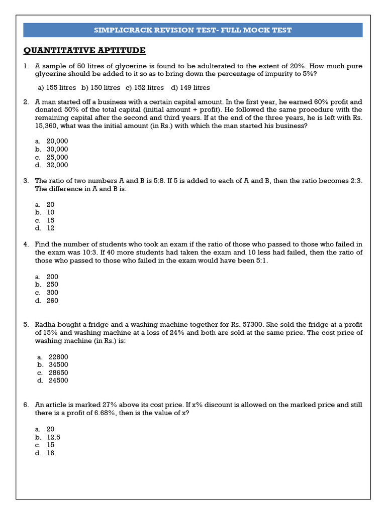 Quantitative Aptitude Mock Test | PDF | Interest | Speed