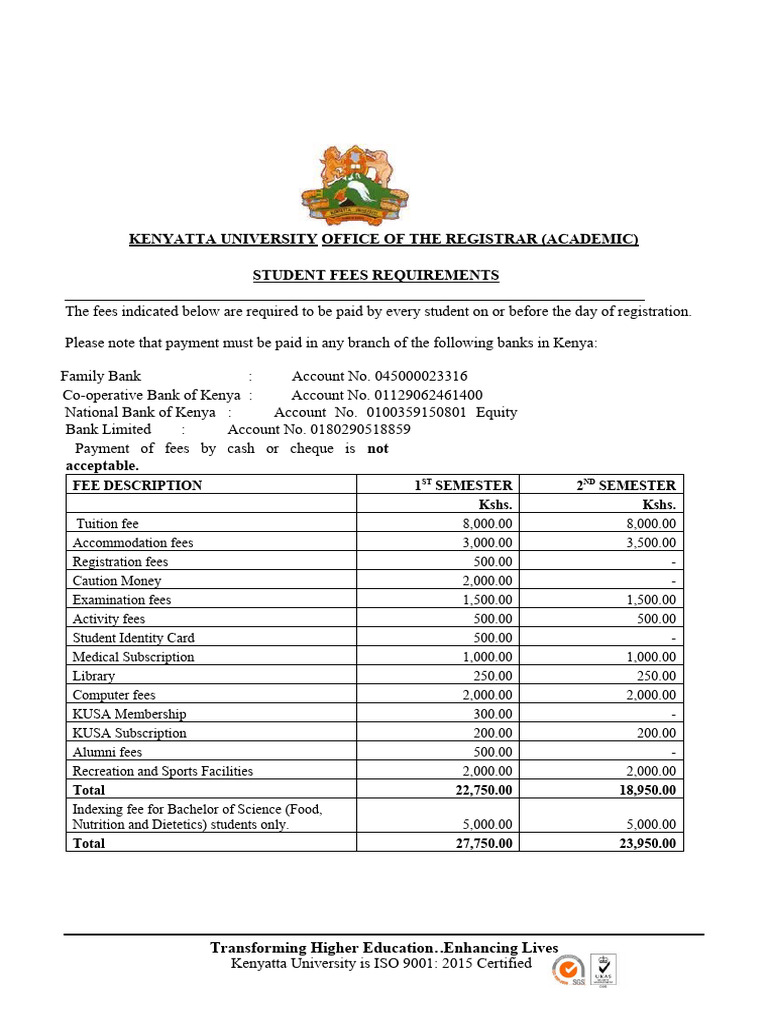 KU Joining Instructions 2024/2025 Fees | PDF | Fee | Money