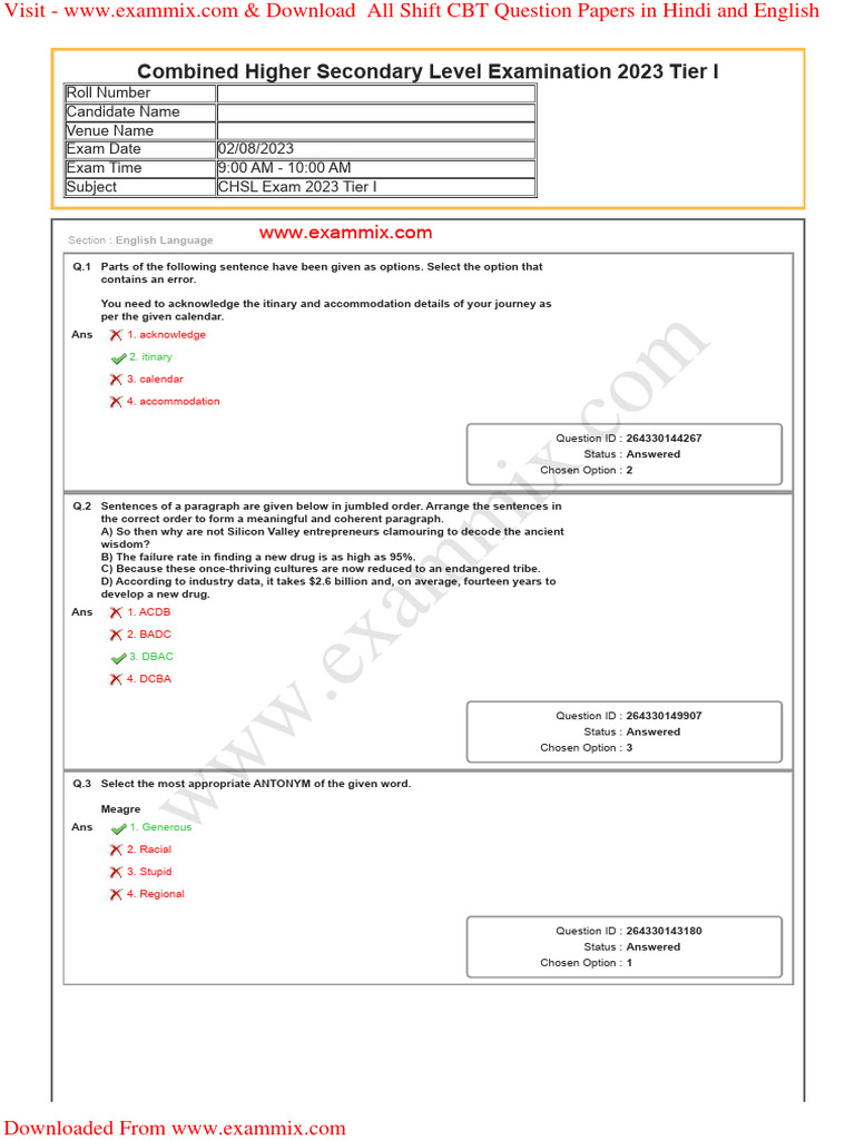 SSC CHSL Question Paper 2023 PDF in Hindi All Shift | PDF | Question | Linguistics