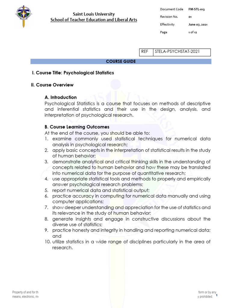 SLU Syllabus Psychological Statistics | PDF | Statistics | Statistical ... SLU Syllabus Psychological Statistics | PDF | Statistics | Statistical ...