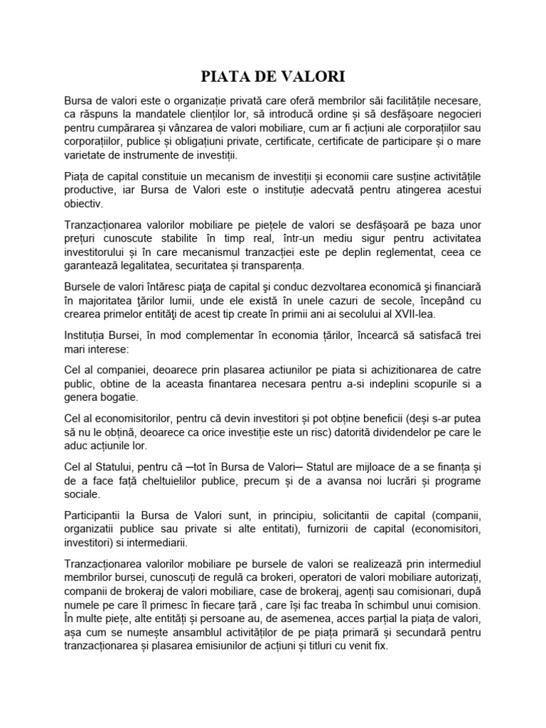 Raportul Bursei de Valori | PDF