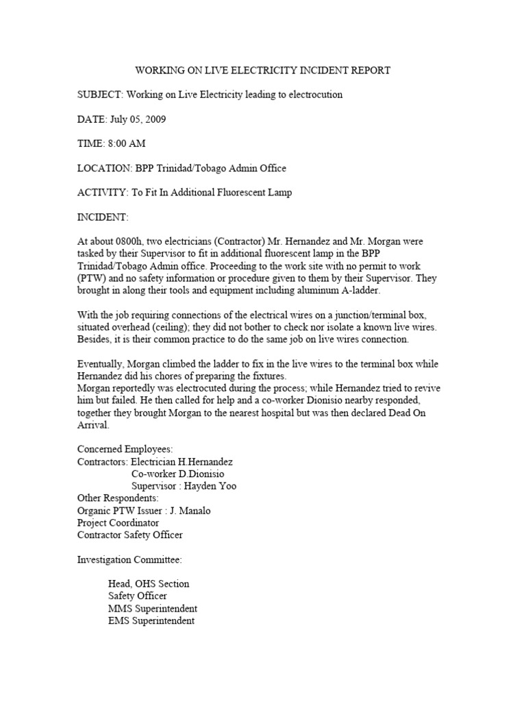Working On Live Electricity Incident Report | PDF | Electrician ...