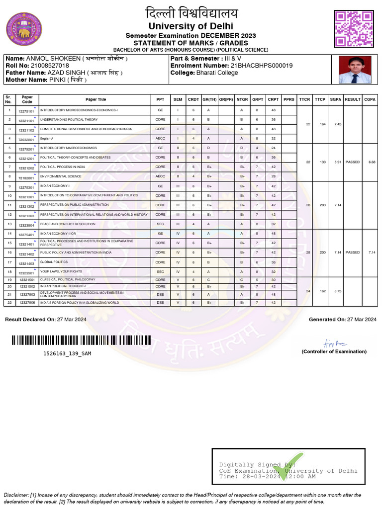 Sem 5 Marksheet | PDF | Liberal Arts Education