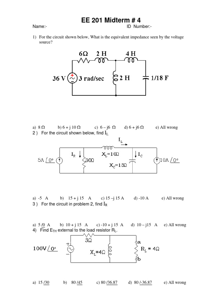 EE 201 Midterm 4 | PDF | Electrical Network | Electrical Circuits